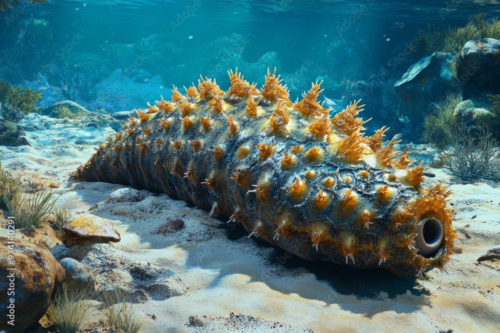 Sea Cucumber Underwater Close-up - A sea cucumber resting on a sandy ...