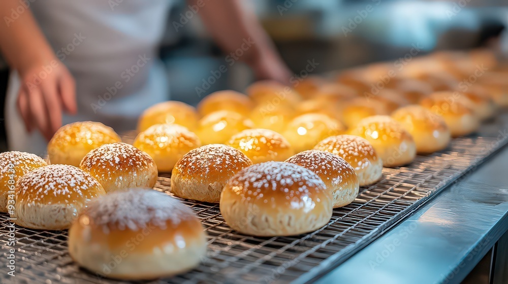 image of freshly baked bread or pastries being placed on a cooling rack ...