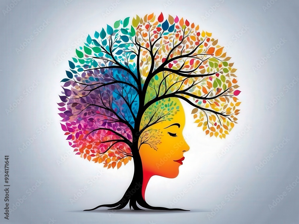 Colorful brain tree growing inside woman head represents strong mind ...