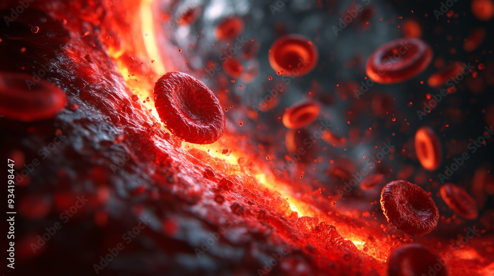 Red blood cells flow through vibrant, dynamic environment, showcasing ...