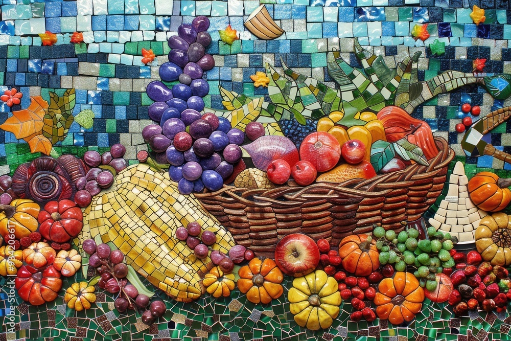 mosaic style illustration depicting a Thanksgiving scene, using small ...