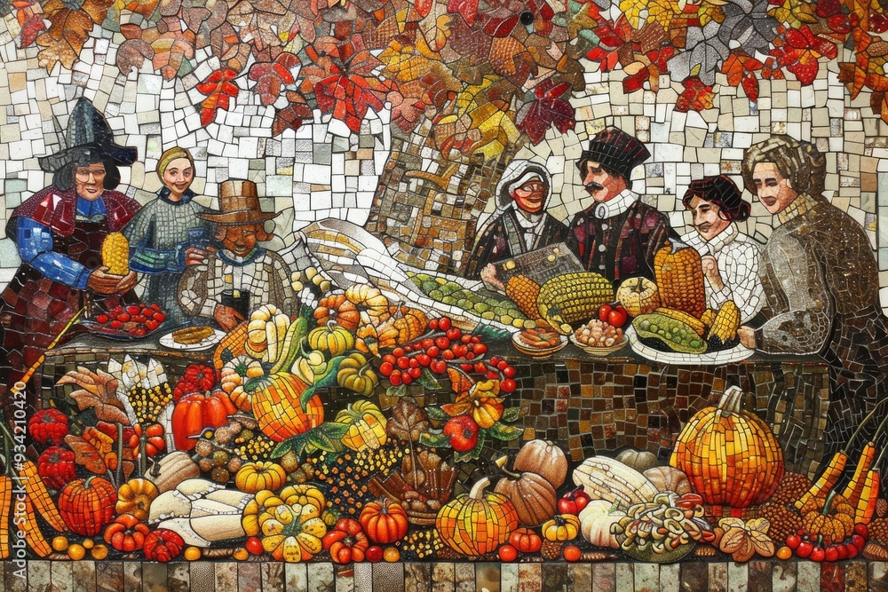 mosaic style illustration depicting a Thanksgiving scene, using small ...