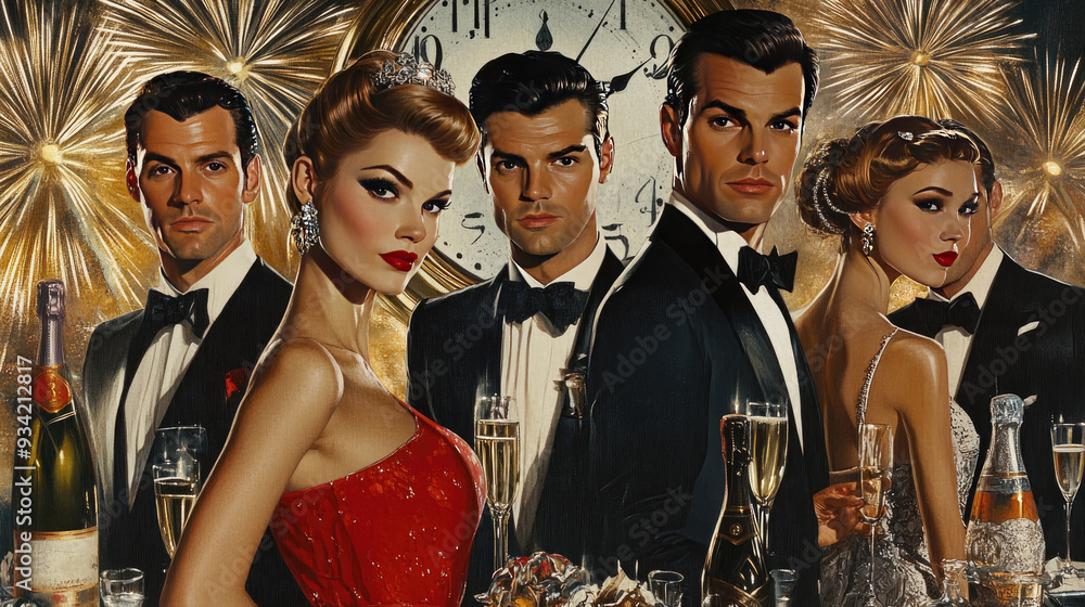 Vintage Glamour Party: Elegant Men and Women in Formal Attire with ...