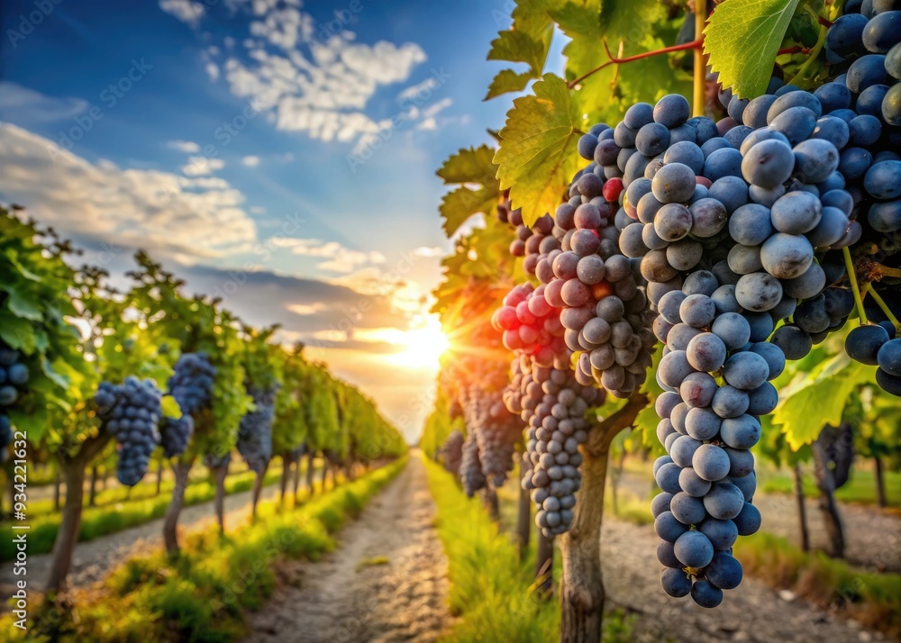Photo Stock Ripe red grapes cluster on sun-kissed vineyards in Pomerol ...