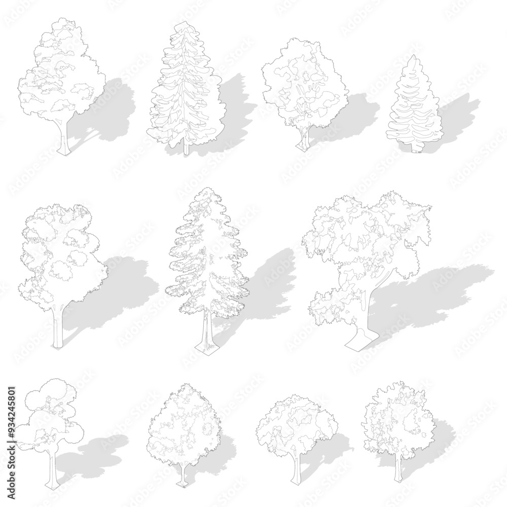 axonometric trees, set of trees, cad trees Stock Vector | Adobe Stock