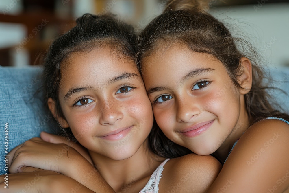 smile and portrait of sisters hugging while sitting on a sofa in the ...
