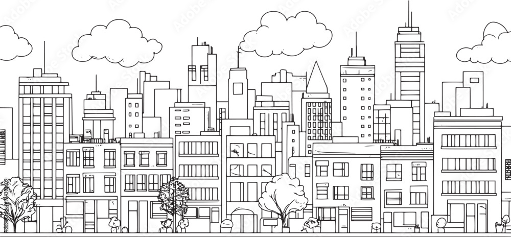 City landscape. Line urban backdrop. Skyline with clouds, different ...