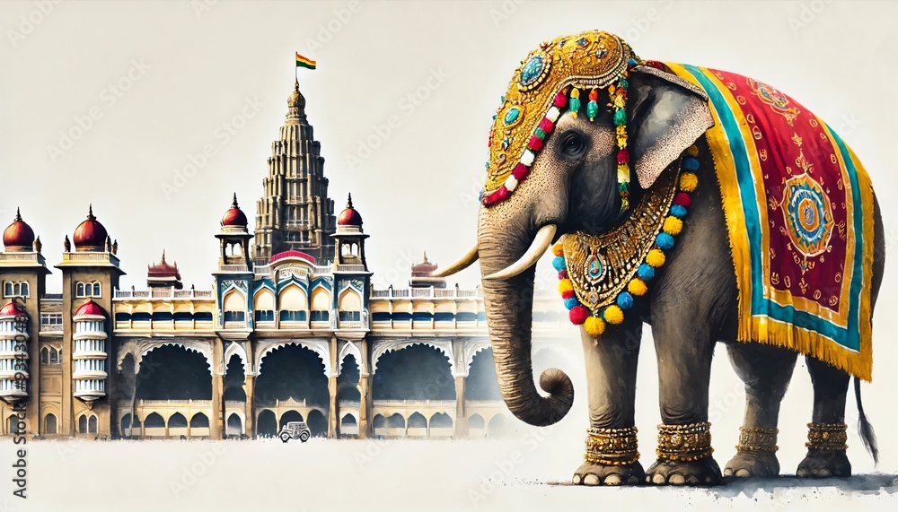 Watercolor illustration for mysore dasara with elephant and palace ...