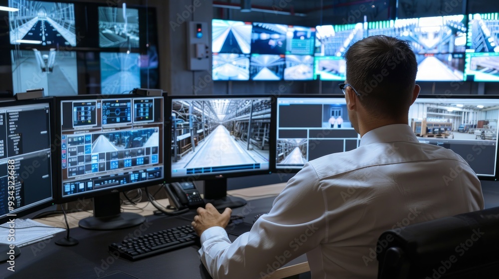 security professional at an office desk, surrounded by multiple ...