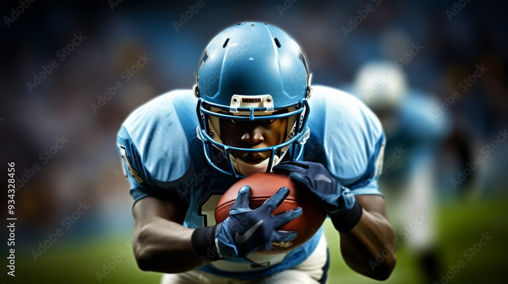 Intense american football player in blue uniform and helmet on stadium ...
