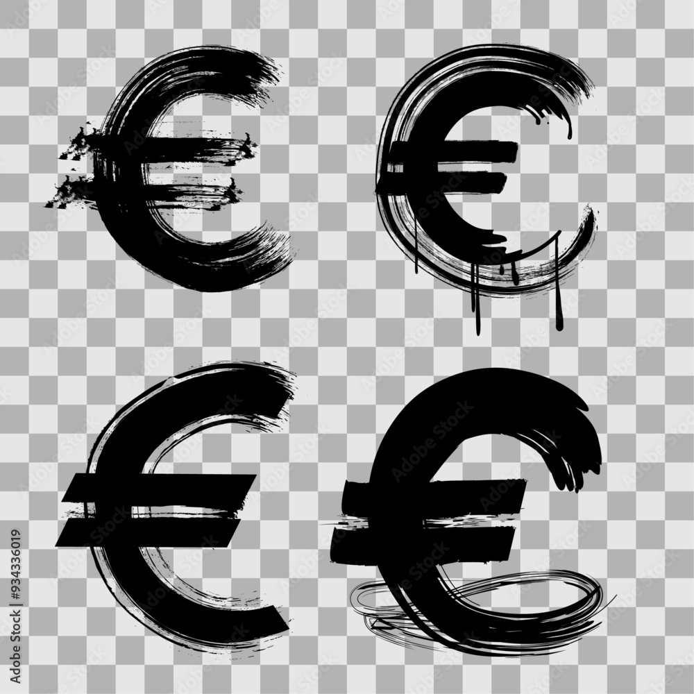 Collection of EURO symbols. Drawings and ink. Black contour silhouette ...