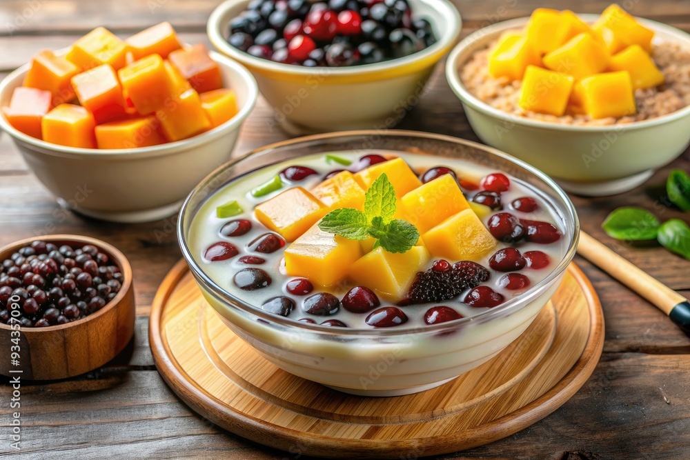 Vibrant mix of milk tea flavors, including grass jelly, mango, peach ...