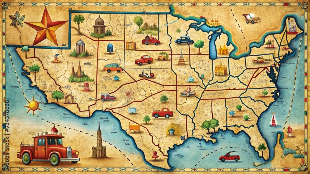 Vintage-style detailed road map of Texas highlighting major highways ...