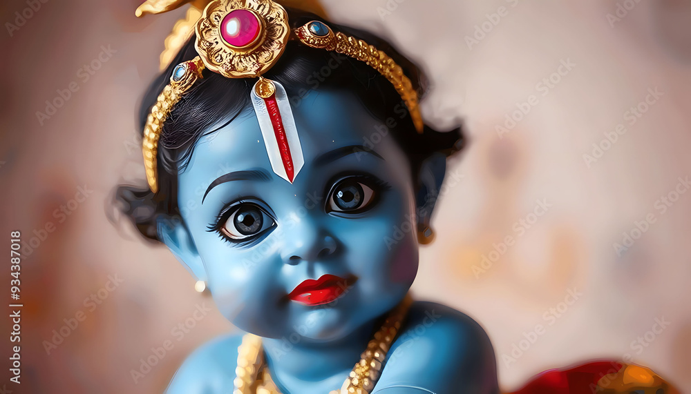 Cute little baby Krishna with blue skin on light background. Birthday ...