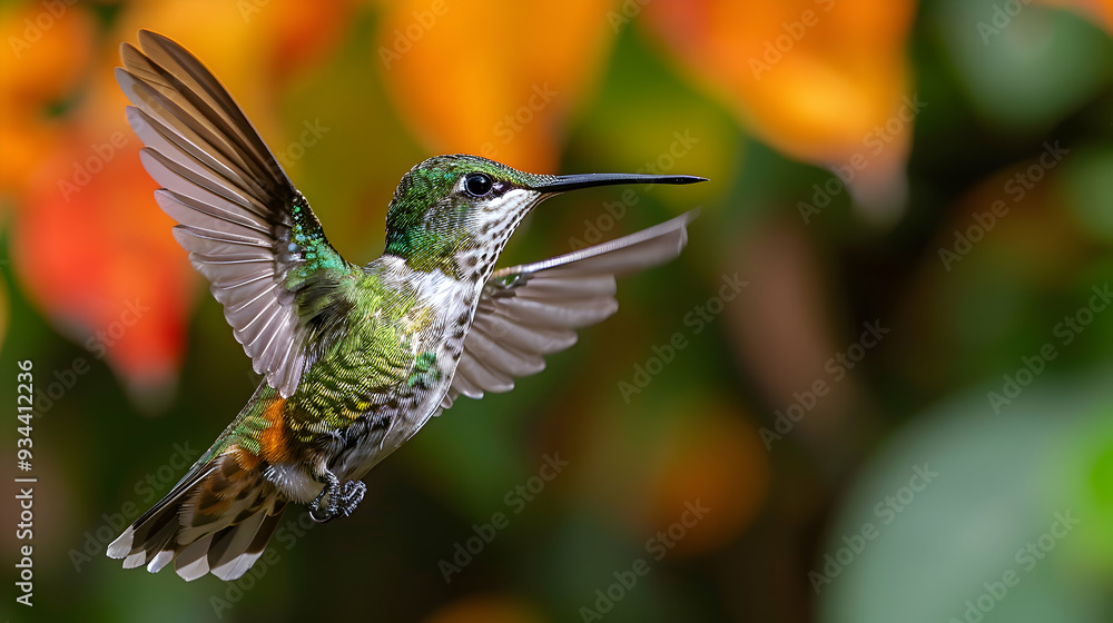 Amazon Hummingbird in mid-flight, its wings creating a blur of colors ...