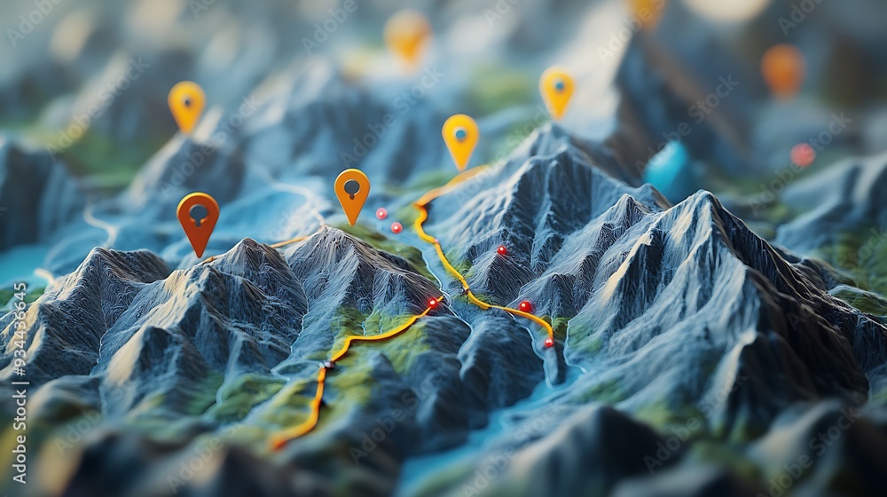 D Mountain Range Map with GPS Location Pins and Route Stock ...
