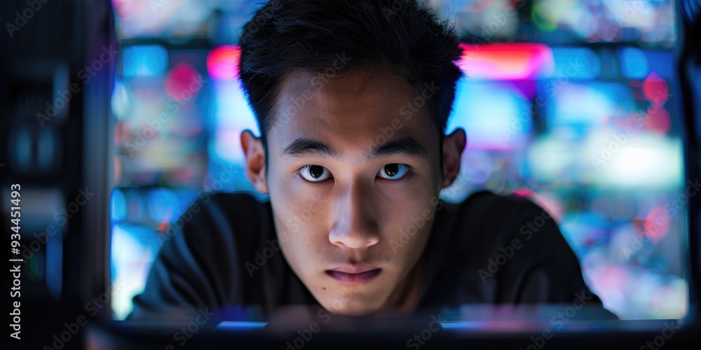 Hacker investigating firewall encryption for server intrusion using malware to steal personal ...