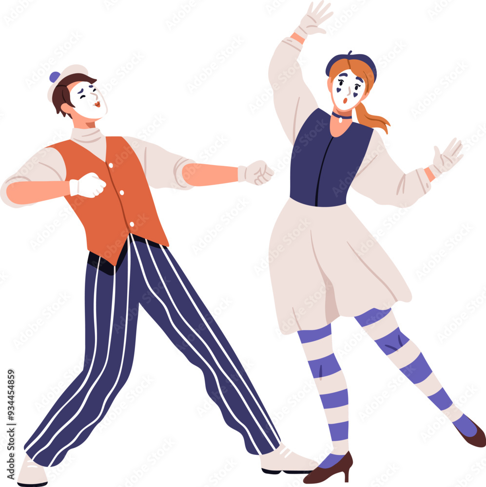 Mimes couple acting, dancing. French street performers, mimic actors ...