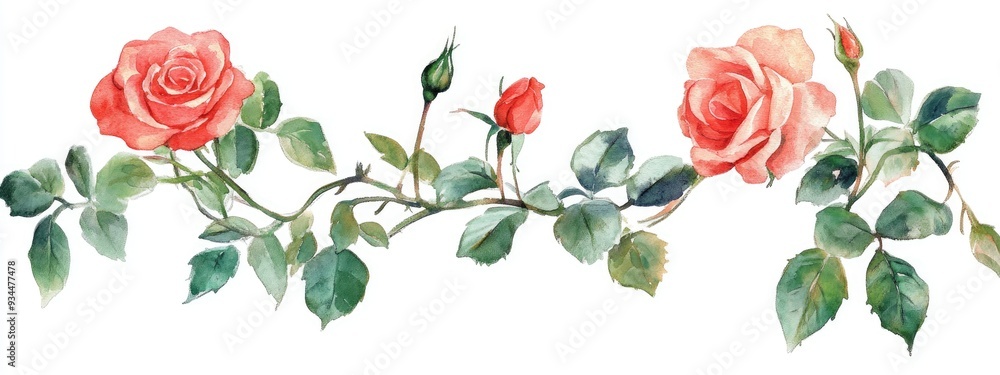 Watercolor illustration of a climbing rose featuring isolated clipart ...