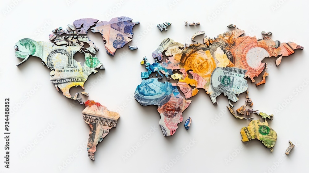 Colorful puzzle pieces of the world map arranged with various currency ...