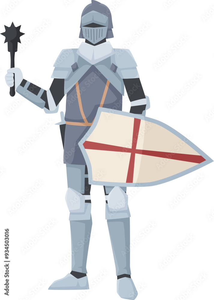 Medieval knight standing in armor holding shield and club weapon ...
