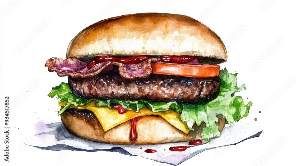 Watercolor illustration of a mouthwatering hamburger featuring ...