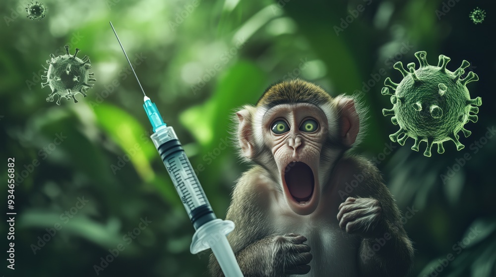 A shocked monkey faces a syringe with a virus particle in a jungle ...
