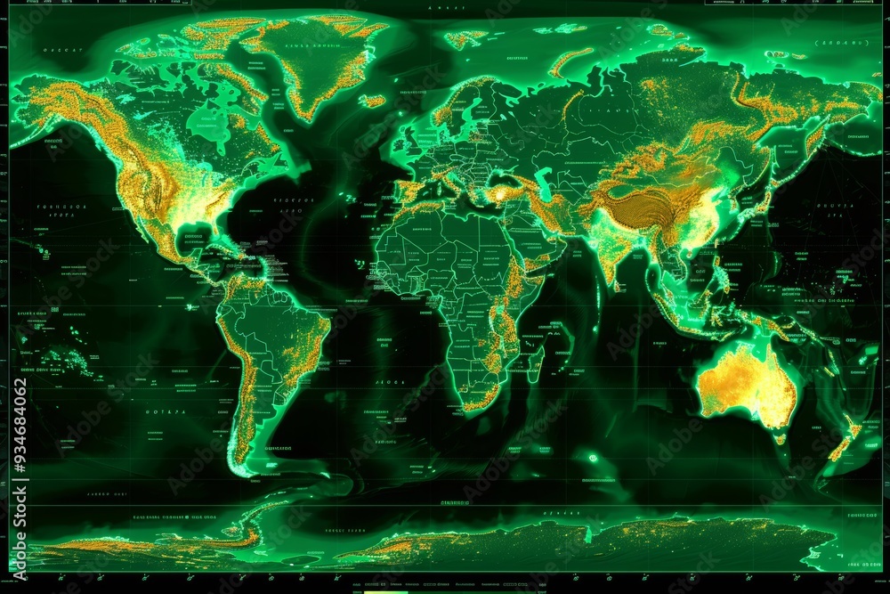 World map illustrating topographical features in vibrant green and ...