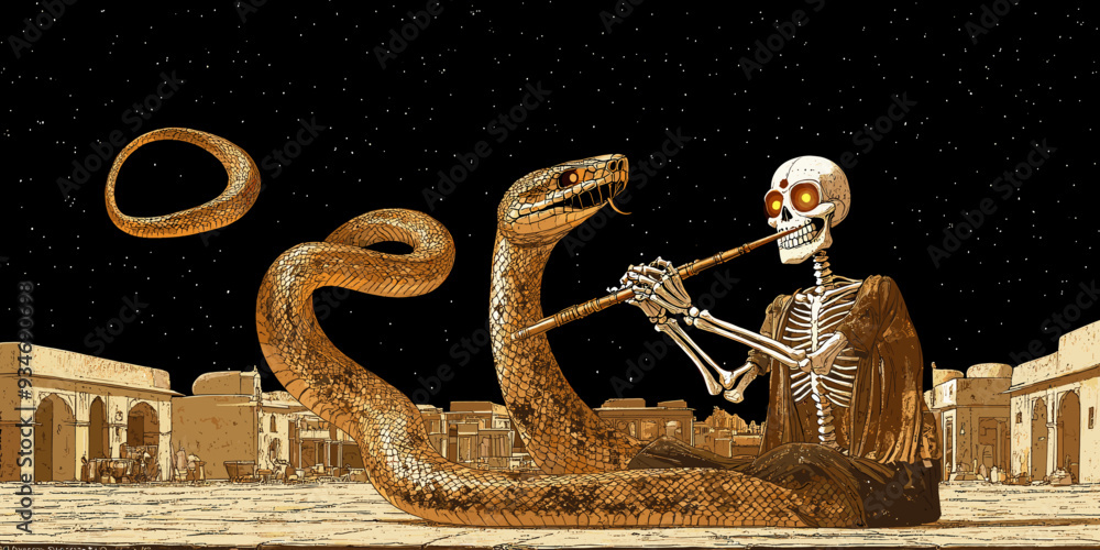 Dark and surreal illustration of a skeleton snake charmer playing a ...