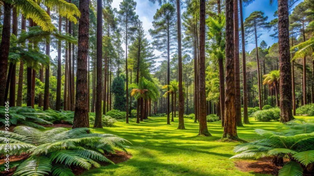 Lush pine trees and ferns in a natural pine park, pine trees, ferns ...