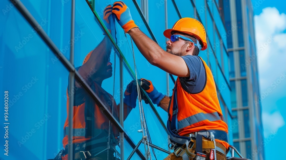 Construction worker handling large glass panels and installing them in ...