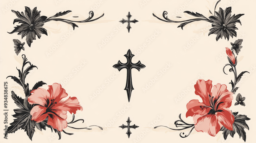 Vector template for a funeral card, including a floral ornament with a ...