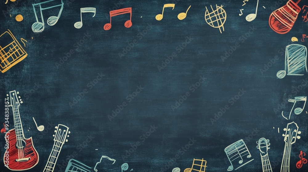 Chalkboard sketch of a guitar with music notes, symbols, and ...