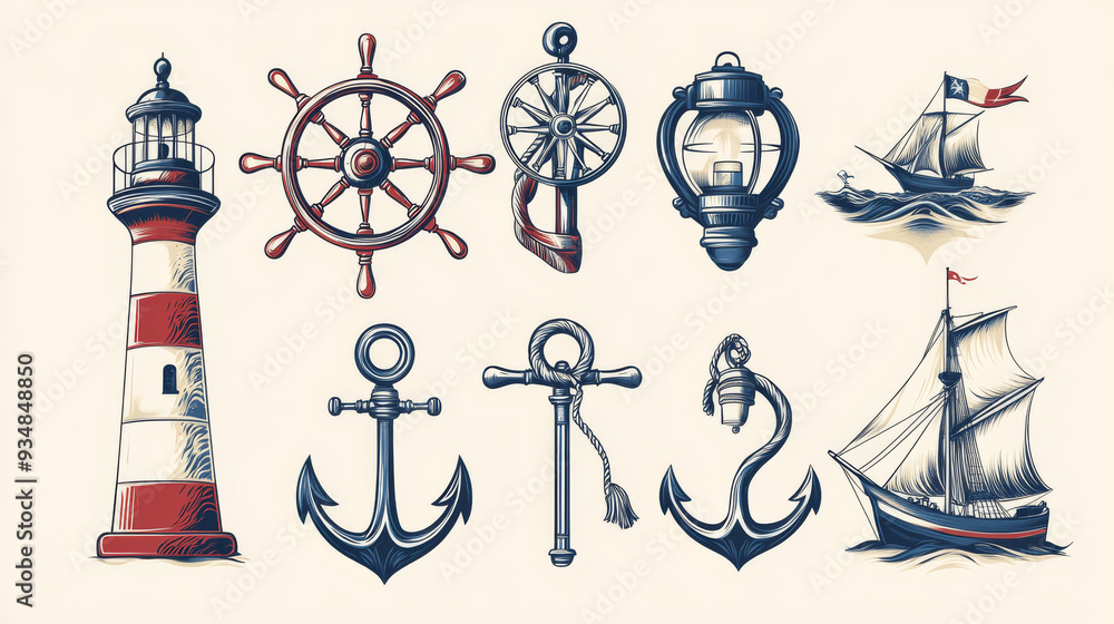 Collection of nautical or maritime icons featuring an anchor, ship's ...