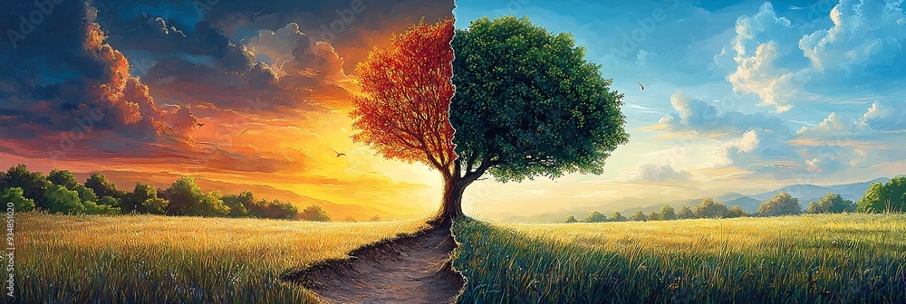 Vector art showing a split landscape with one side barren and dry and ...