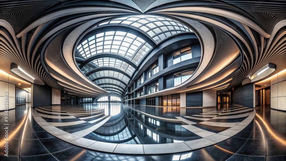 360 degree full panorama interior of black abstract geometric building ...