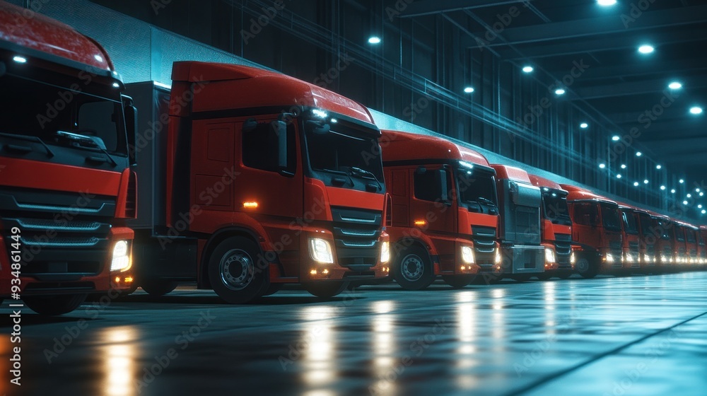 A fleet of red semi-trailer trucks parked in a row inside a dimly lit ...