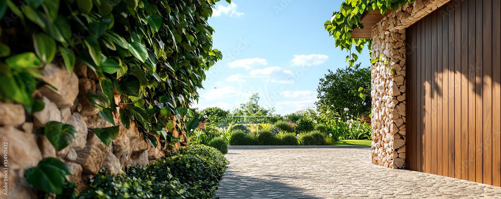 Scenic pathway leading to a rustic garage, surrounded by lush greenery ...
