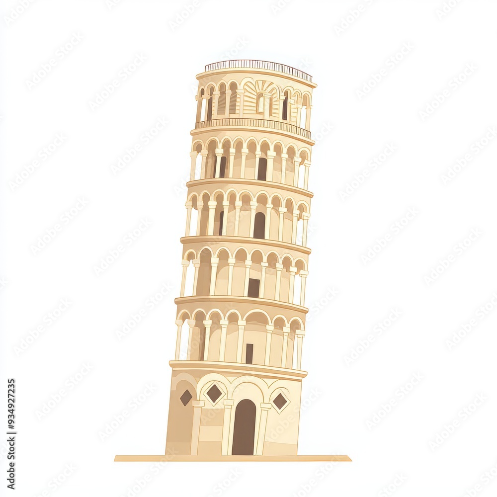 Cartoon illustration showing the Leaning Tower of Pisa drawn by hand in ...