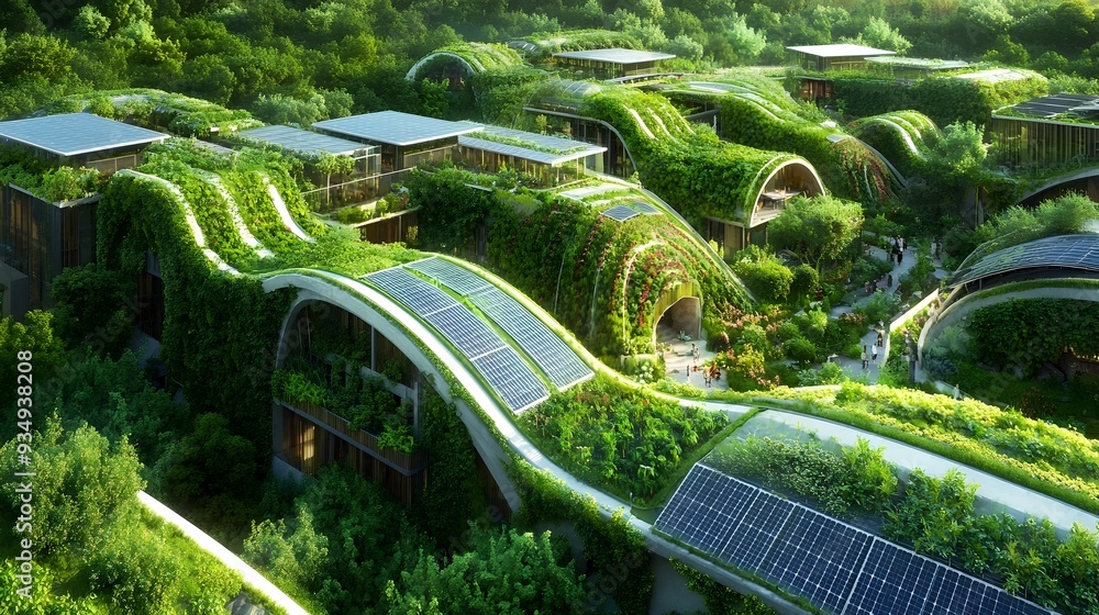 Sprawling urban green infrastructure with rooftop gardens,cascading ...