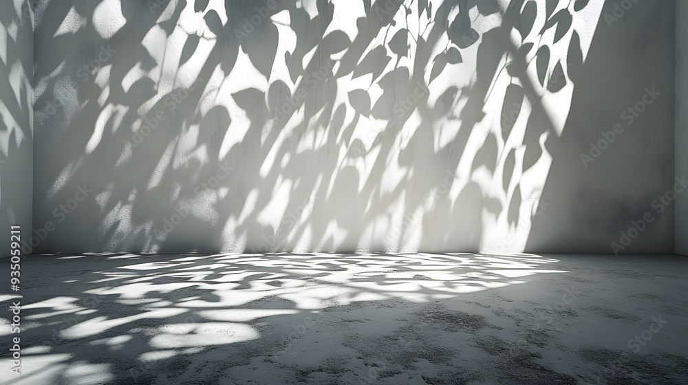A room with white walls and floor is lit by light casting leaf patterns ...