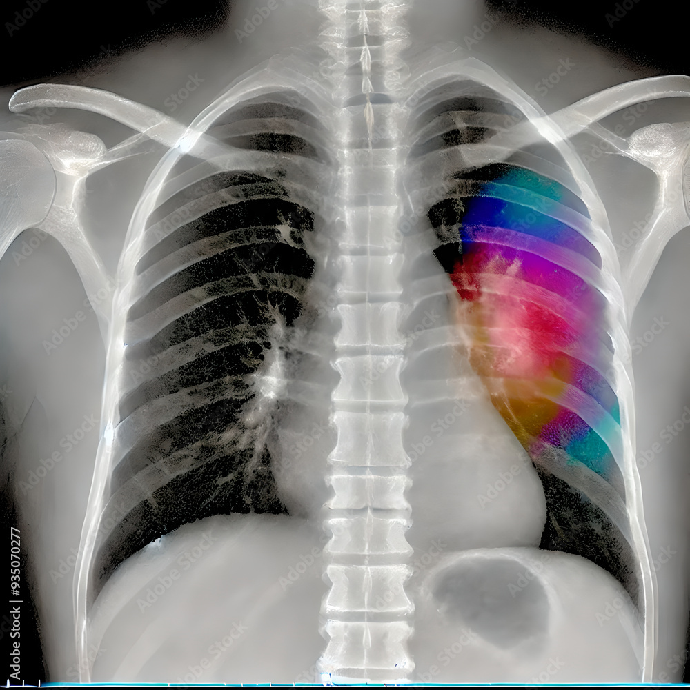 X-ray image of a human chest with clear, pneumonia in the lower right ...