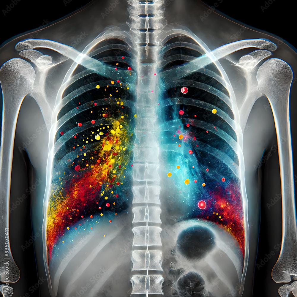 X-ray image of a human chest with clear, pneumonia in the lower right ...