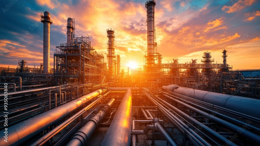 Oil refinery industry with many pipe lines and chimneys processing ...