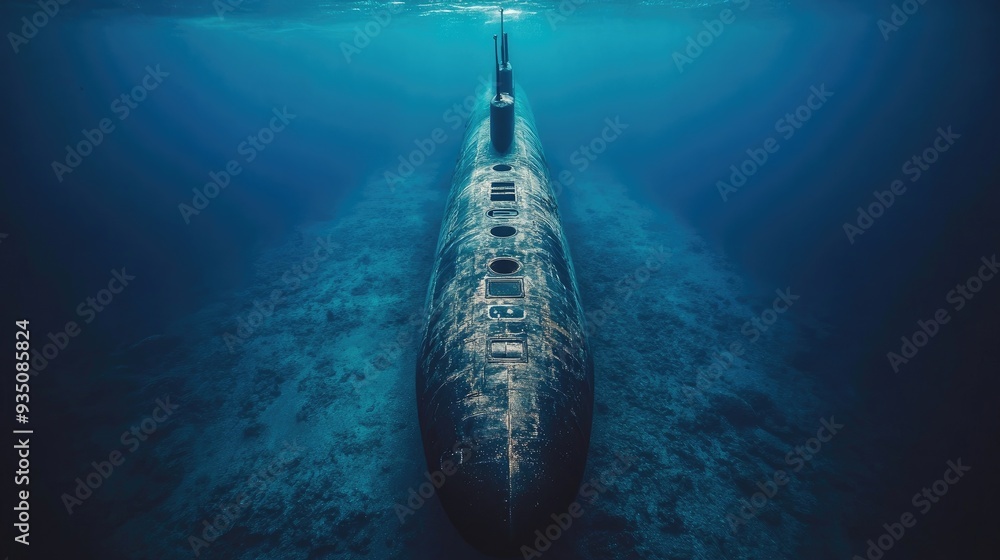 A submarine lies on the ocean floor. This photo illustrates the ...