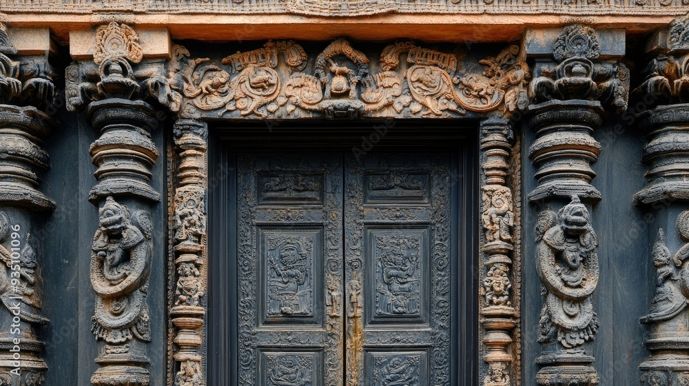 Detailed carvings on a South Asian temple door with ample space for ...