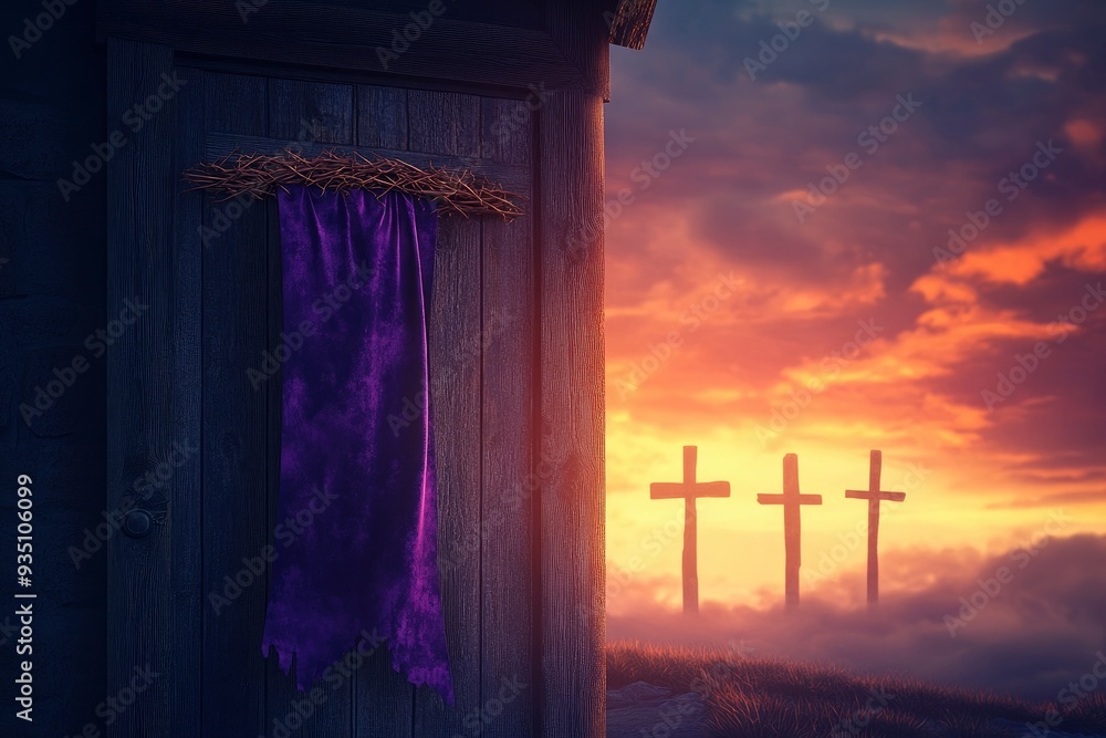Crown Of Thorns And Purple Robe Hanging On Door Post At Sunrise With ...