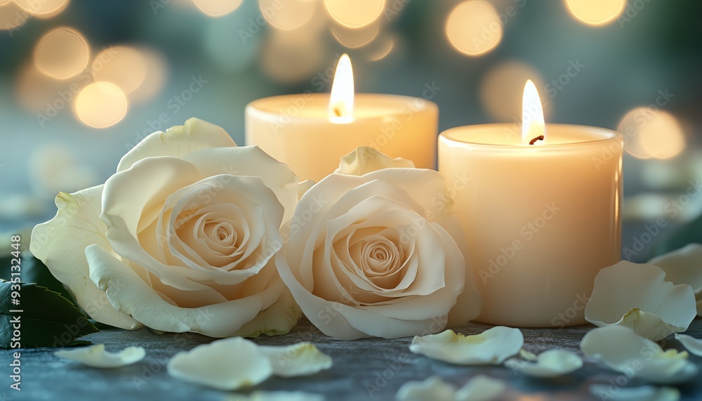 Graceful white candles and roses with flower petals, designed for ...