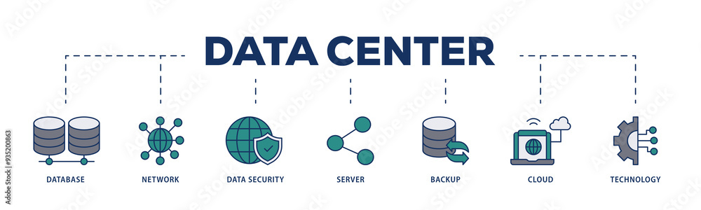 Data center icons process structure web banner illustration of database ...