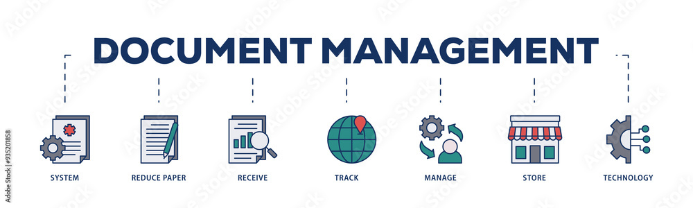 Document management icons process structure web banner illustration of ...